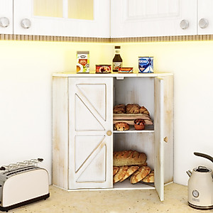 Trironsun Corner Bread Box for Kitchen Counter Double Layer Bamboo Bread Storage Container Large Capacity Bread Storage Bin Farmhouse Breadbox Organizer (Antique White)