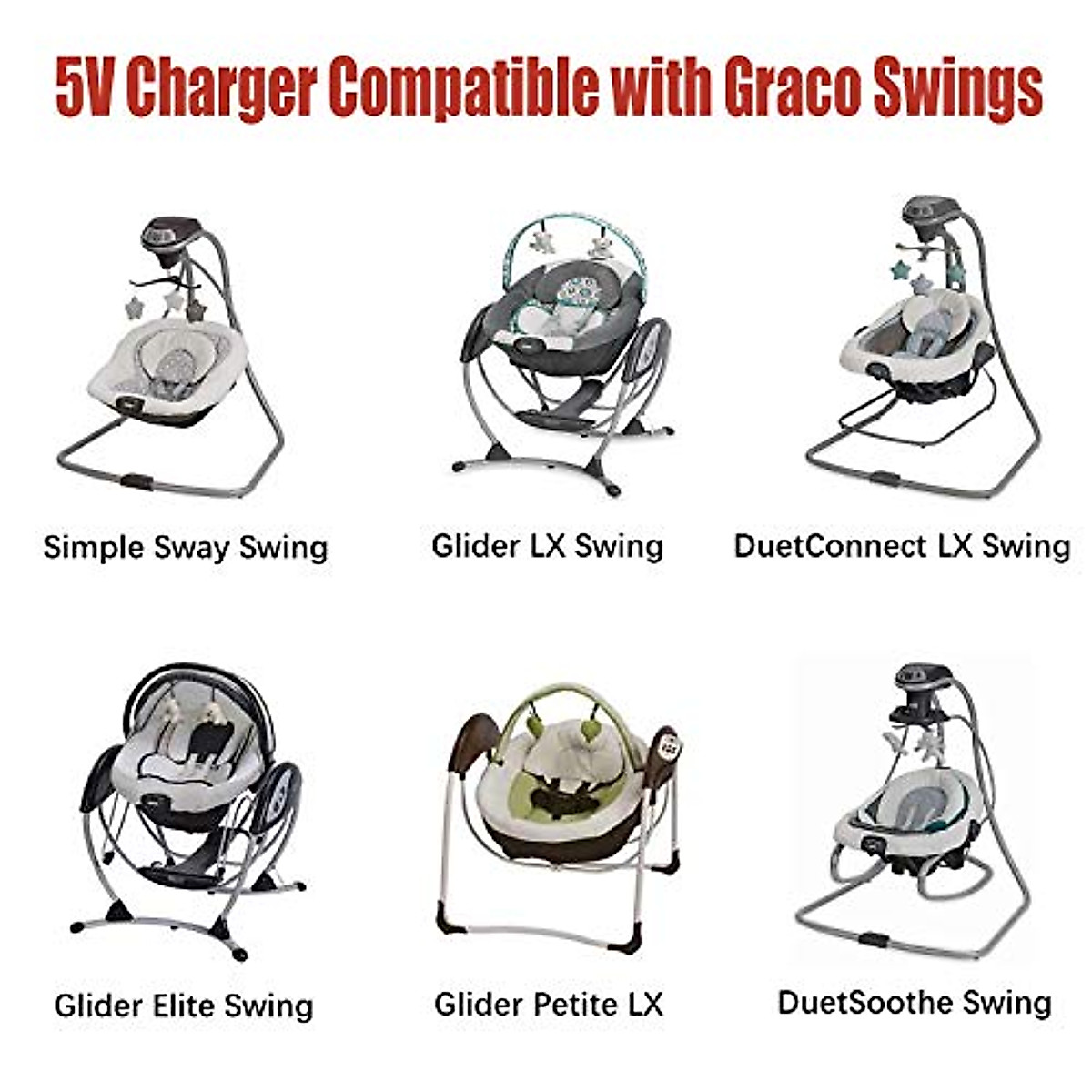 5V Baby Swing Replacement Power Cord Compatible with Graco Swing, Simple Swing, Glider LX, Glider Elite, Glider Petite LX, Sweetpeace, Sweet Snuggle, DuetConnect LX, DuetSoothe AC Adapter (10FT)