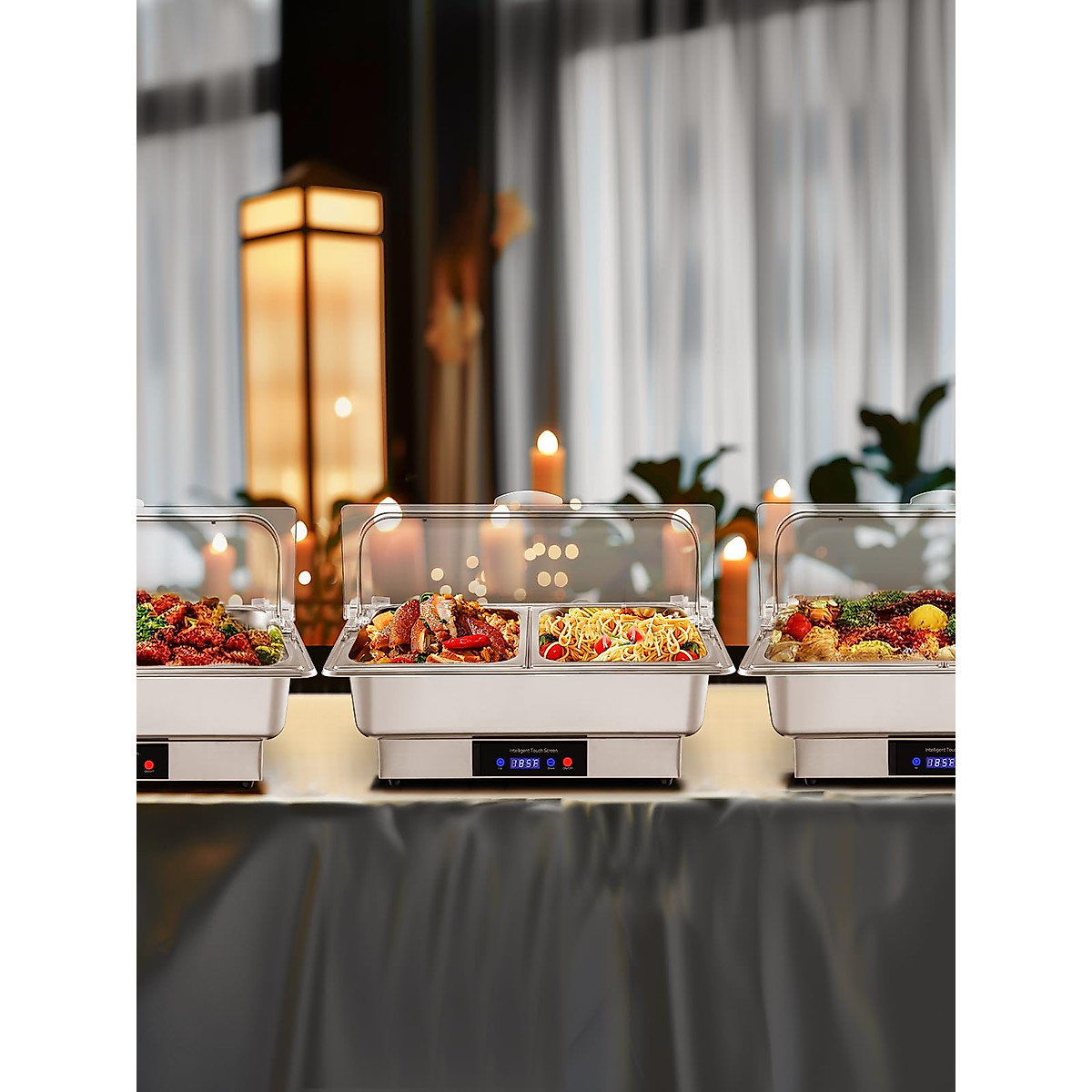 YORKING Electric Chafing Dish,9 QT Full Size with 4 x 4.5 QT Half Size Chafing Dish Buffet Set, Buffet Servers and Warmers with Roll Top & Temperature Control Display, Catering Food Warmer for Parties