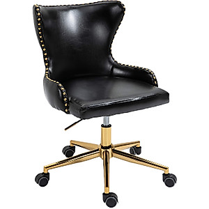 Meridian Furniture 167Black Hendrix Collection Modern Contemporary Vegan Leather Upholstered Swivel Adjustable Office Chair with Button Tufting and Gold Base, Black, 21.5" W x 24" D x 30.3"-32.6" H