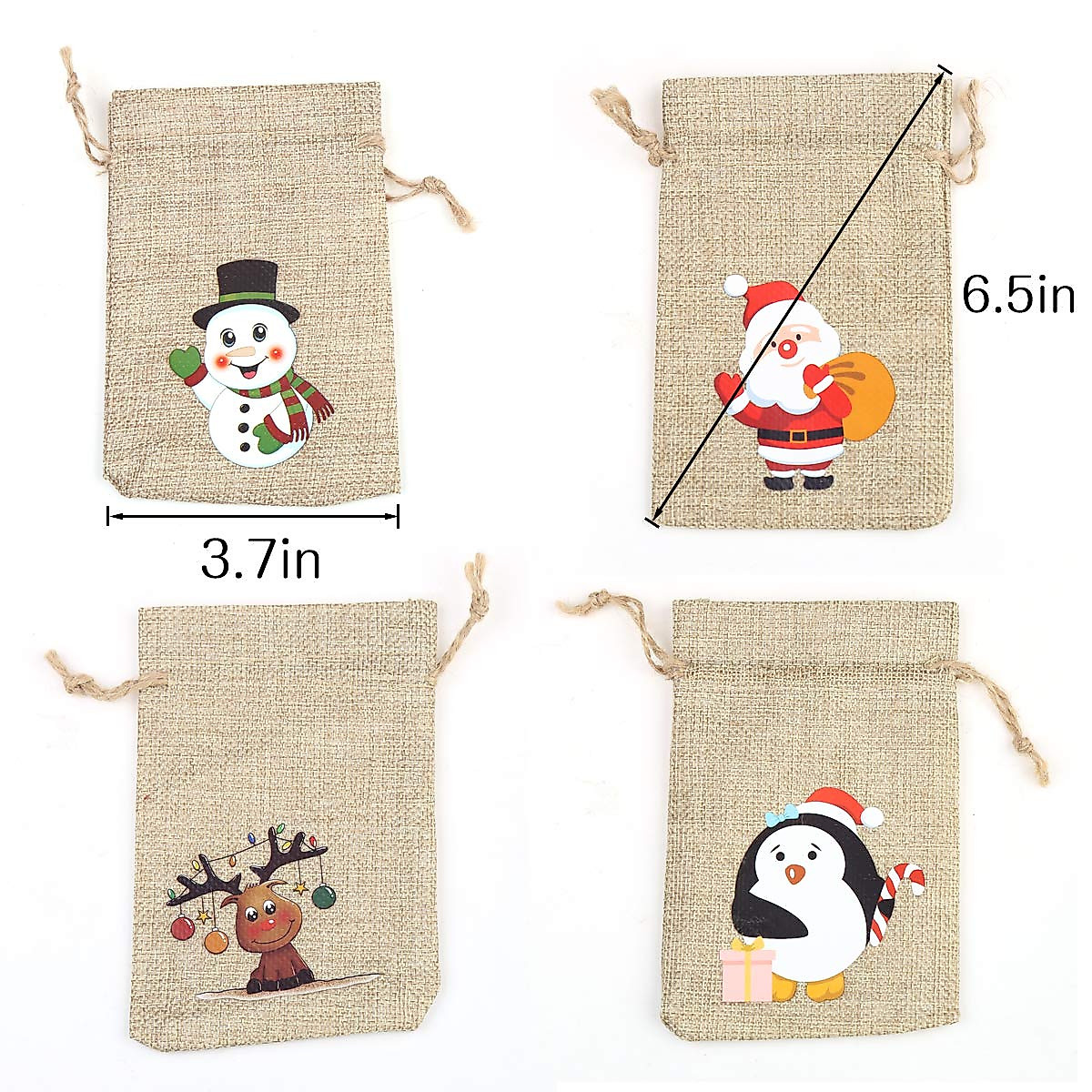 CCINEE 36pc Christmas Linen Bags with Drawstrings Christmas Burlap Goody Gift Bags with Double Jute Drawstrings, 4 designs Snowman, Santa Claus, Penguin and Elk