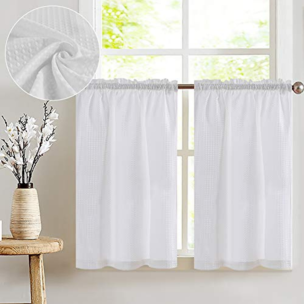 jinchan White Kitchen Curtains 36 Inch Tier Curtains Waffle Woven Textured Cafe Curtains Half Window Curtain Set Rod Pocket Light Filtering for Bathroom Sink Laundry Room Basement RV 2 Panels