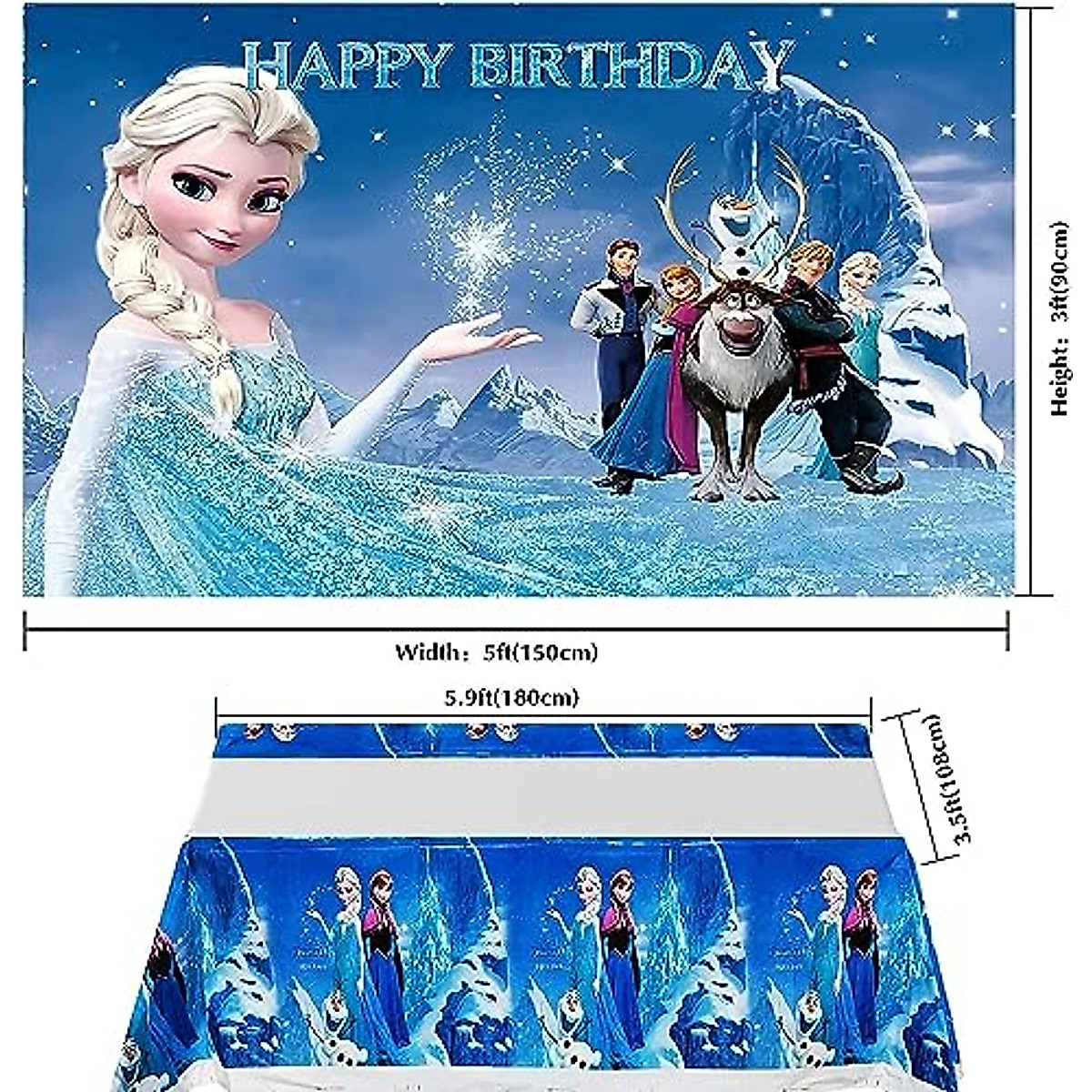Frozen Elsa Princess Happy Birthday Party Decorations Supplies Girls Birthday Party Wall Backdrop and Tablecloth Photography Background Photo Banner for Kids Birthday Party
