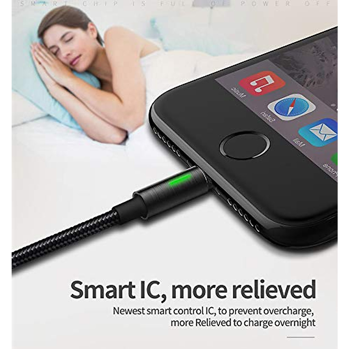 Power Off/On Smart LED Auto Disconnect and Auto Recharge Nylon Braided Sync Charge USB Data 6FT/1.8M Cable Compatible New Phone List Below (Black, 4FT/1.2M)