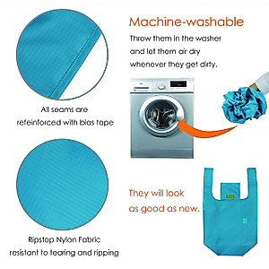 BeeGreen Reusable Grocery Bags 5 Pack, Grocery Tote Folded into Attached Pouch, Ripstop Polyester Shopping Bags, Washable, Durable and Lightweight (Black,Royal,Navy,Teal,Moss)