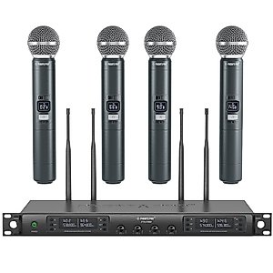 Phenyx Pro Wireless Microphone System, Quad Channel Wireless Mic, w/ 4x40 Channels, 4 Handheld Dynamic Microphones,Auto Scan, Long Distance 328ft, Microphone for Singing, Church, Karaoke (PTU-7000A)