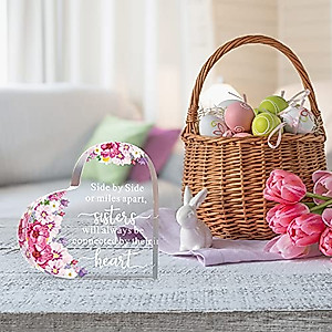 Sisters Gifts from Sister Acrylic Heart Keepsake Plaque for Sister Side by Side or Miles Apart Gift Sister in Law Gifts Inspiring Paperweight Gift Sister Gift for Birthday Wedding (Floral)