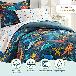 Wildkin 100% Cotton 5 Piece Twin Bed-in-A-Bag for Boys & Girls, Bedding Set Includes Comforter, Flat Sheet, Fitted Sheet, Pillowcase & Sham, Bed Set for Cozy Cuddles (Jurassic Dinosaurs)