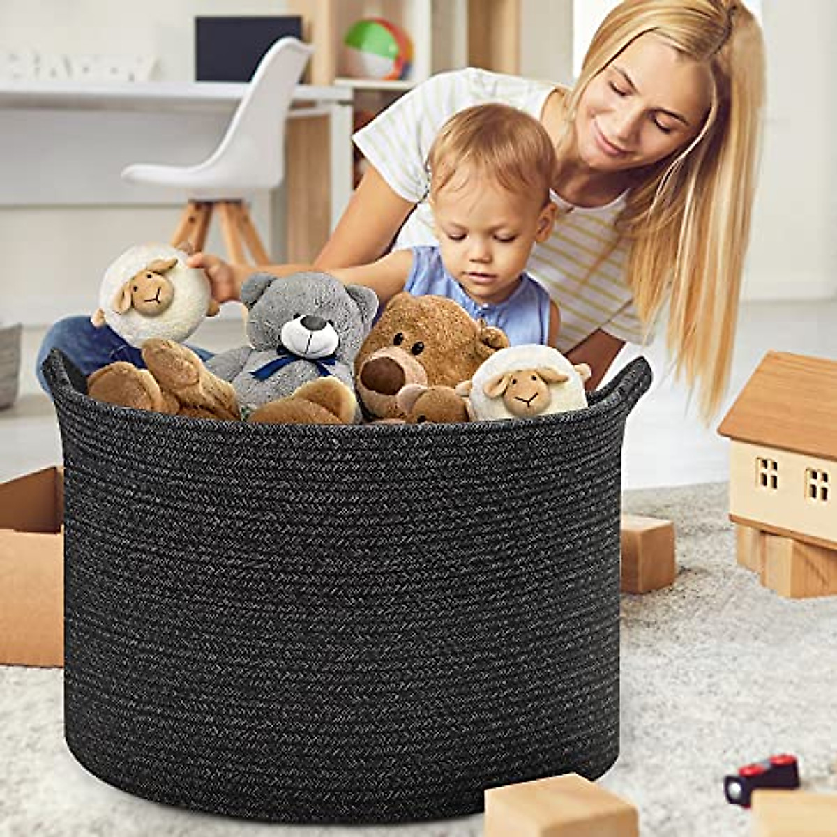 MXMHOME Black Large Blanket Basket Extra Large Woven Rope Baskets for Storage Baskets Bins for Organization Dog Toy Storage Baskets Bins Black Decorative Basket Living Room(23.6"x14.1")