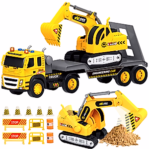 1:12 Scale Push and Go Excavator Flatbed Toy Truck for Kids - With Lights & Sounds