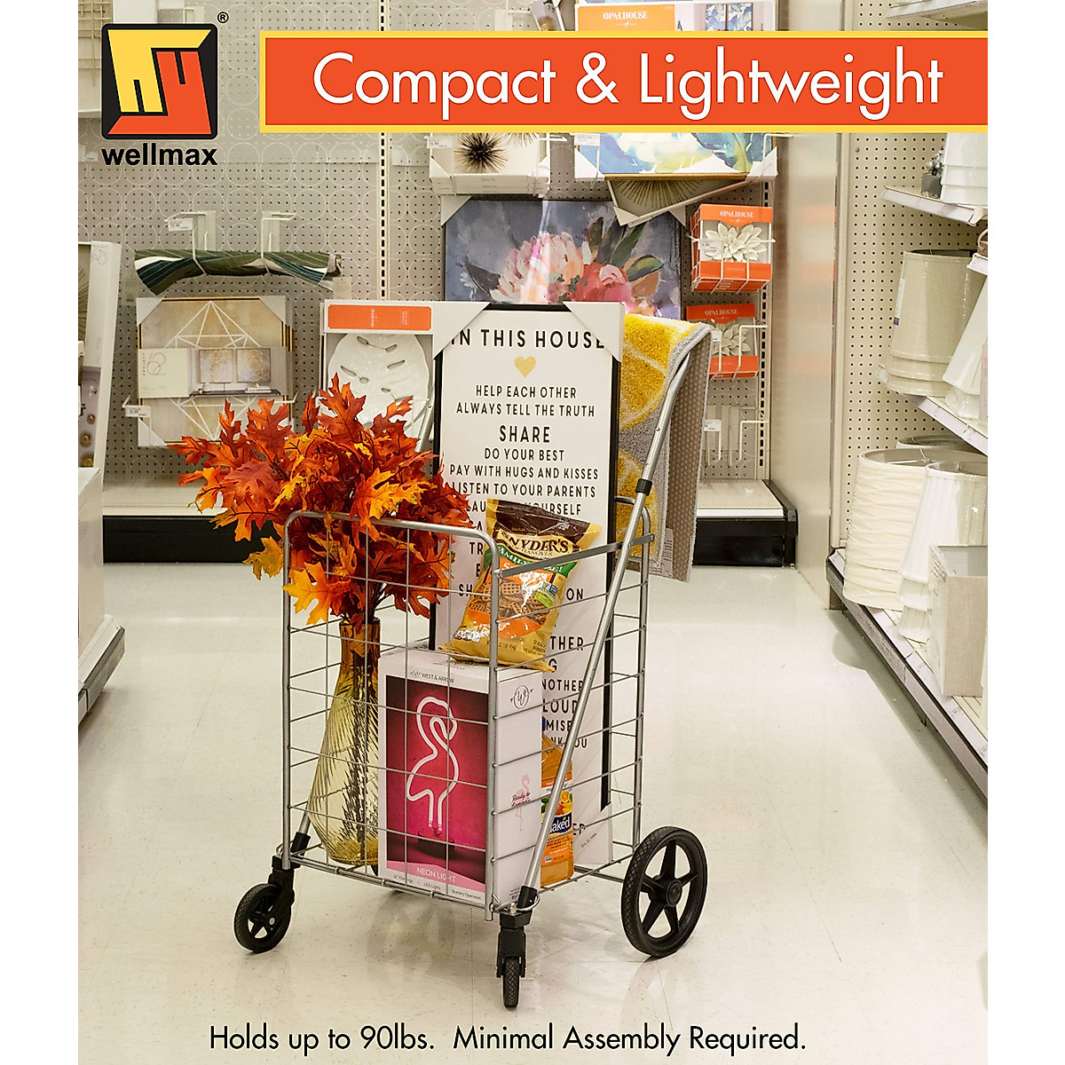 Wellmax Grocery Shopping Cart with Adjustable Handle and Swivel Wheels, Heavy Duty Foldable and Collapsible Utility Cart