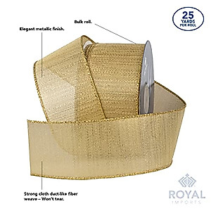Royal Imports Metallic Christmas Ribbon Wired, Gold, 2.5"(#40) Holiday Design for Bow Making, Gift Wrapping, Wreaths, 25 Yd Roll (75 FT Spool)