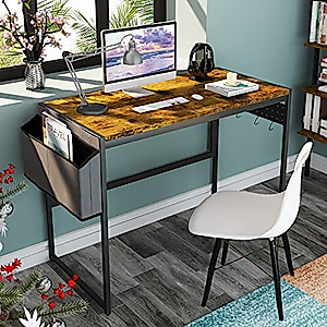 AWQM Computer Desk 39 Inch, Home Office Work Desk Laptop Desk with Side Bag, Study Writing Table Desktop Table with Iron Hook, Workstation for Small Spaces, Antique Brown