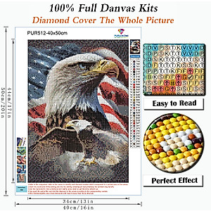 Puraikcmi 4th of July Diamond Paintings Kits for Adults Kids Eagle American Flag 16x20 Inch Patriotic Diamond Art Round Diamonds Dots Gem Wall Decor