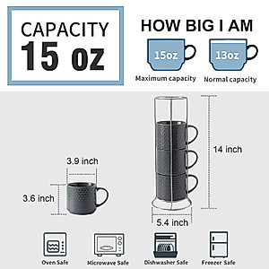 Hasense Coffee Mugs Set of 4 with Stand, 15 oz Porcelain Stackable Coffee Cups Set with handle for Tea, Latte, Milk and Cappuccino, Grey Embossed Tea Cups Set with Geometric Patterns for Men and Women