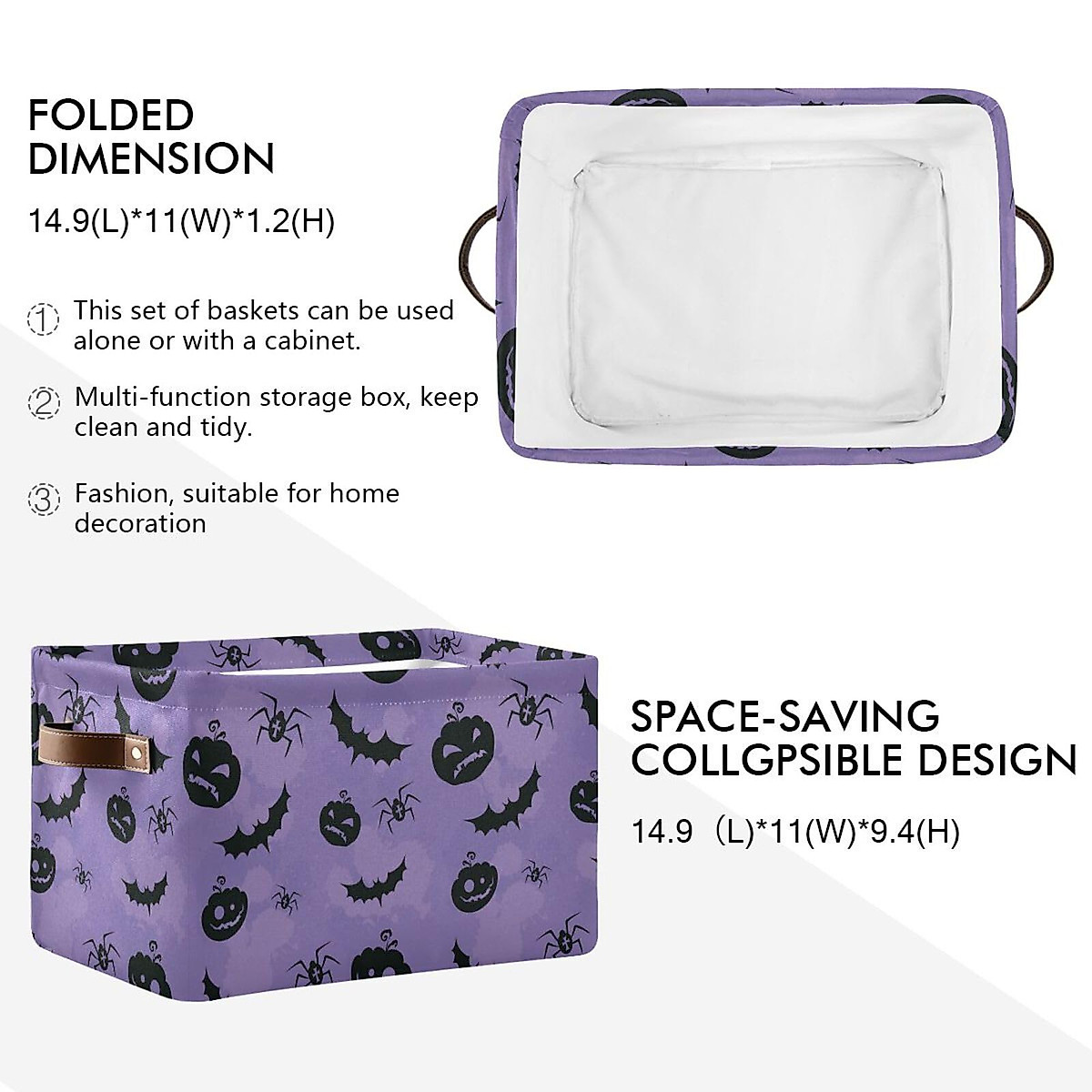 Foldable Storage Basket, Cube Organizer Bins Halloween Pumpkin Bat Cube Bag Dual Handles for Closet Shelf