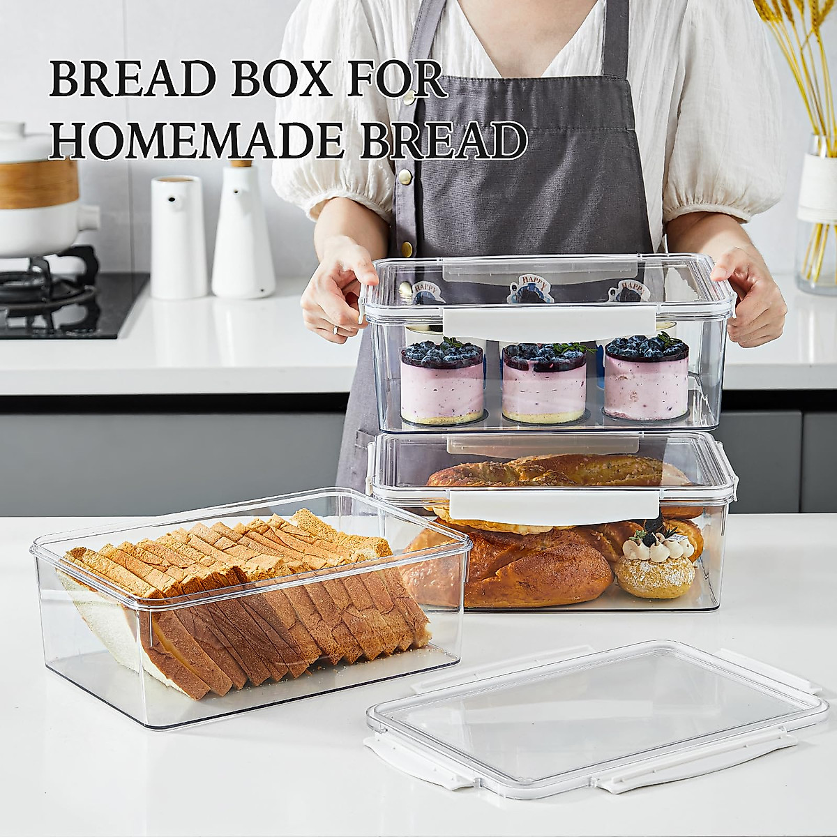 ORGIDOL 2 Packs Bread Box Airtight Bread Storage Containers Clear Bread Box for Kitchen Countertop, Stackable Bread Bin Large Bread Keeper for Homemade Bread, Muffins, Rolls, Bagel, Loaf