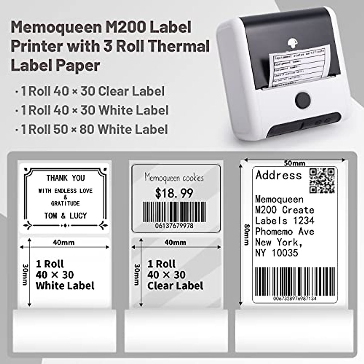 Memoqueen Label Maker Machine with 3 Roll Labels M200 Portable Label Makers, Upgrade 3 Inch Bluetooth Thermal Barcode Label Printer for Small Business/Home Use, for Retail, Logo, Labeling, Name, White