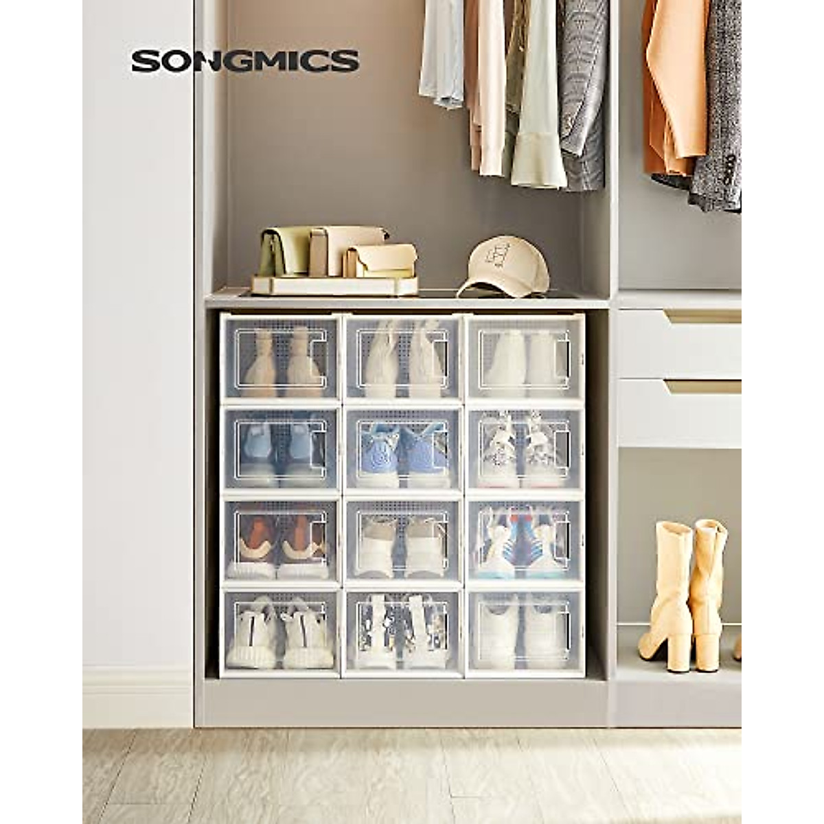 SONGMICS Shoe Boxes, Pack of 12 Shoe Storage Organizers, Stackable Clear Plastic Boxes for Closet, Sneakers, 9.9 x 13.7 x 7.4 Inches, Fit up to US Size 13, Transparent and White ULSP12MWT