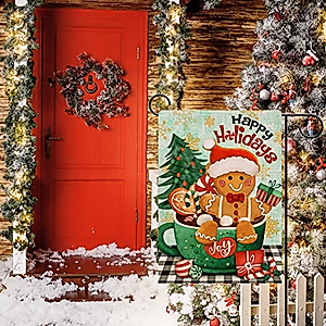 Dyreson Merry Christmas Joy Coffee Gingerbread Man Decorative Garden Flag, Xmas Happy Holiday Buffalo Plaid Check Yard Outside Decorations, Winter Farmhouse Outdoor Small Decor 12x18