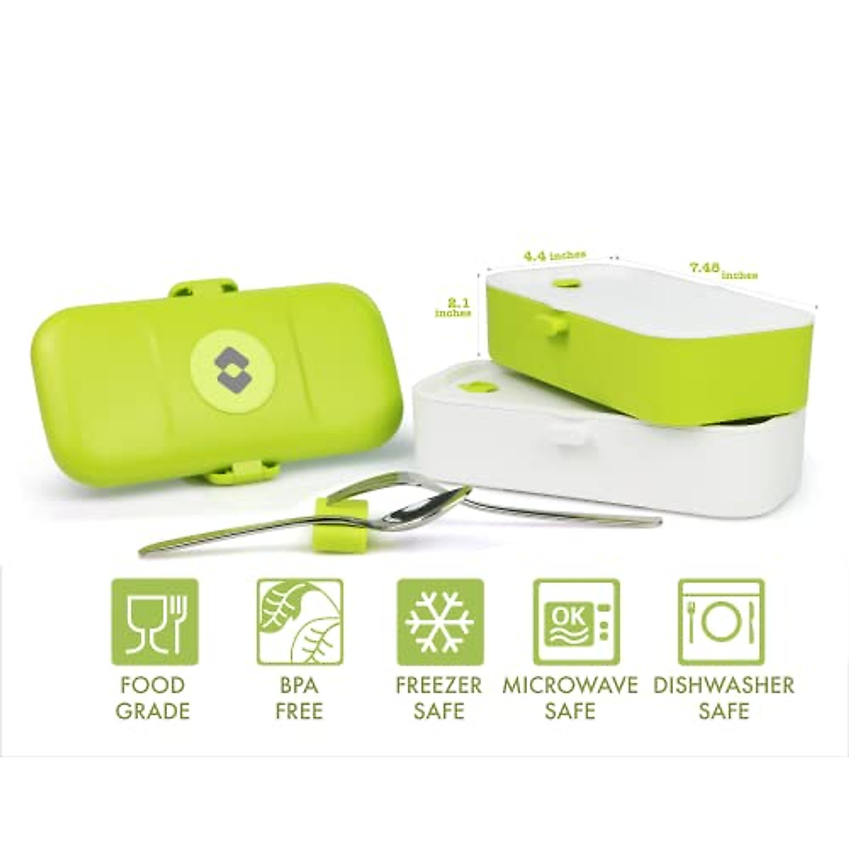 SARZ Bento Lunch Box for Kids - with 2 Containers and 4 Compartments, Modern Stackable Cute Bento Lunch Box with Cutlery Set, Two Adjustable Dividers, Microwave and Dishwasher Safe (Green)