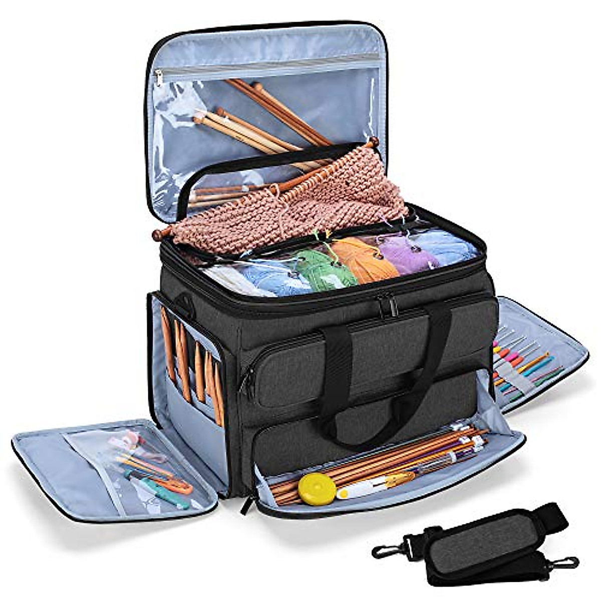 YARWO Knitting Yarn Bag, Portable Crochet Storage Tote with Double Top Cover and Yarn Holes for Knitting Needles(Up to 14”), Unfinished Projects and Skeins of Yarn, Black