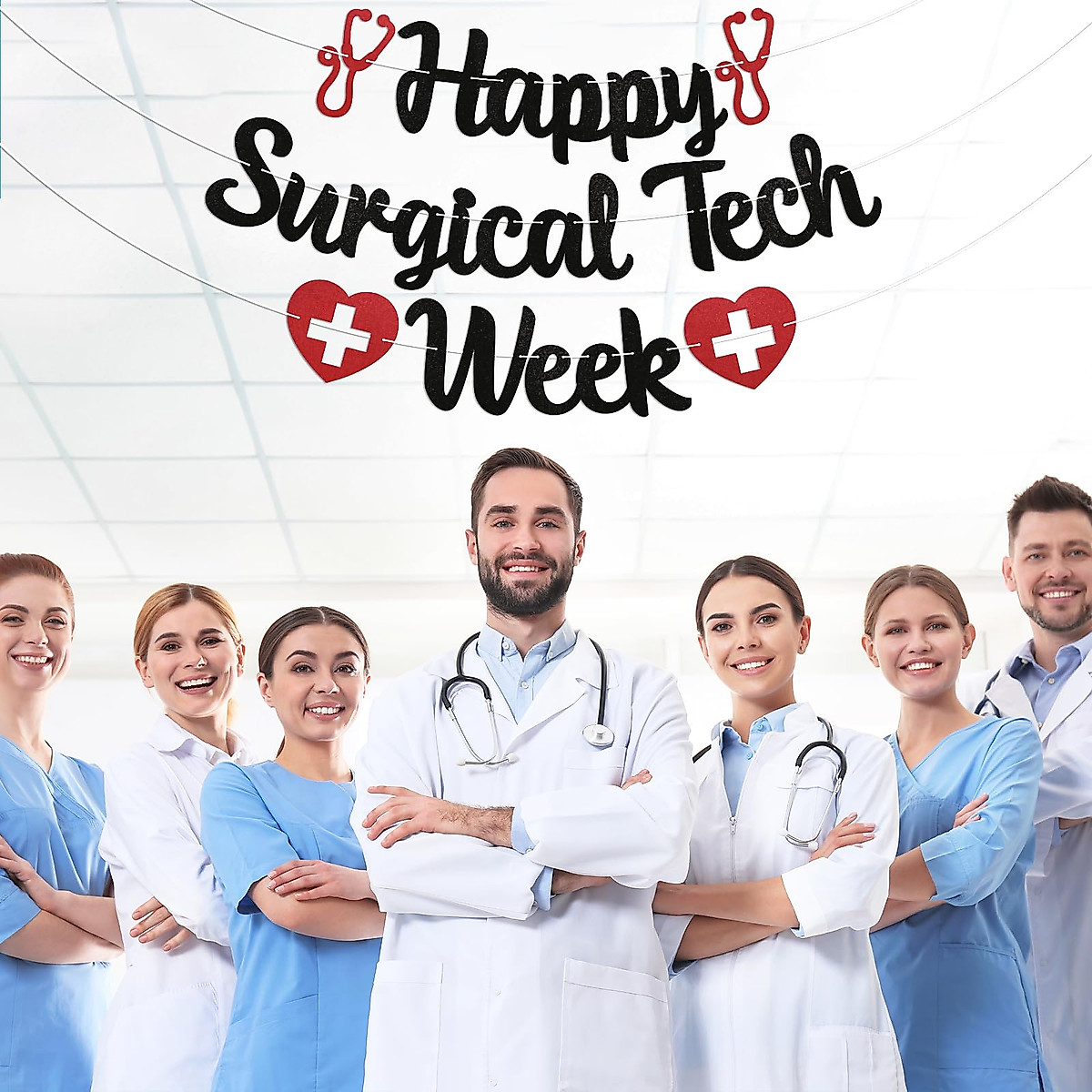 Happy Surgical Tech Week Banner - Surgical Technologist Appreciation Week Decor, Hospital Office Clinics, Thank You Nurse Doctor Party Decor 1 Black & Red Glitter