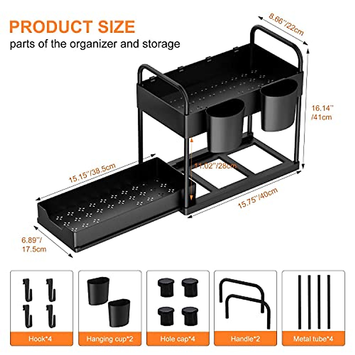 YOWOMTA Under Sink Storage Organizers,2-Tier Sliding Cabinet Drawer Organizer for Bathroom Kitchen,Pull Out Cupboard Organization Basket with Hooks,Hanging Cups,Handles