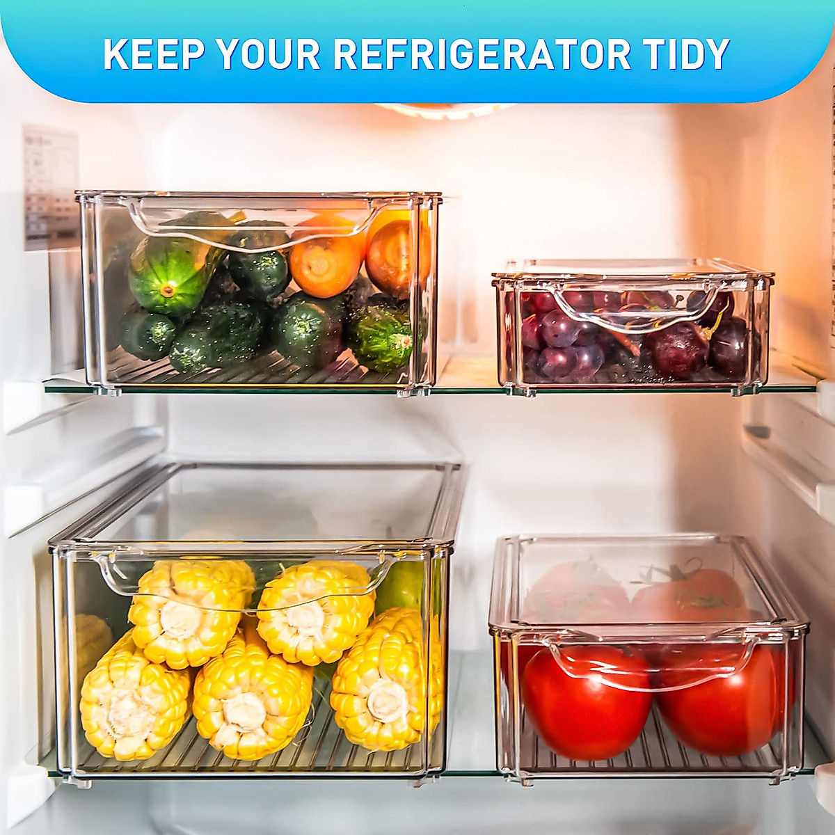 Pomeat 4 Pcs Fridge Organizers, Stackable Refrigerator Organizer Bins with Lids, Plastic Storage Bins, BPA-Free Fridge Organizers and Storage Clear for Food, Drinks, Fruits, Vegetable