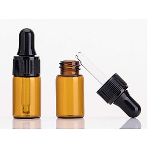 ConStore 100pcs Amber Glass Dropper Bottle Small Essential Oil Bottle with Glass Eye Dropper Empty Mini Lotion Dropper Vials Refillable Perfume Sample Vial Containers+2pcs dropper (1ml)