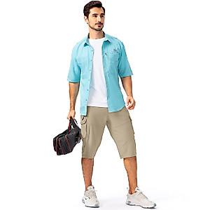 Pudolla Men's Capri Pants Quick Dry 3/4 Long Shorts with 6 Pockets for Workout Athletic Golf Hiking(Khaki Large)