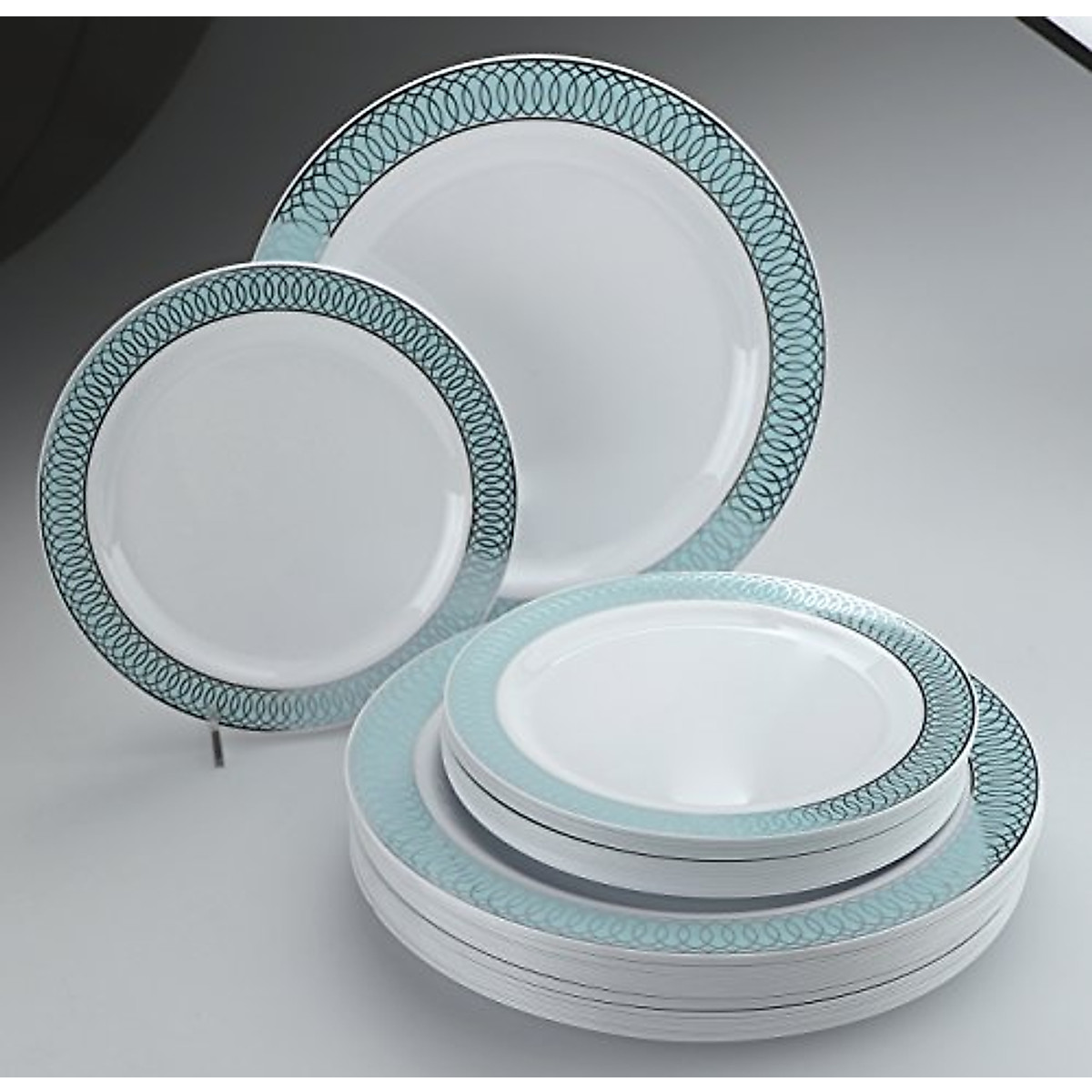 " OCCASIONS " 50 Plates Pack (25 Guests)-Heavyweight Wedding Party Disposable Plastic Plate Set -25x10.5'' Dinner+25x7.5'' Salad/dessert plates (Venice in White/Blue & Silver)