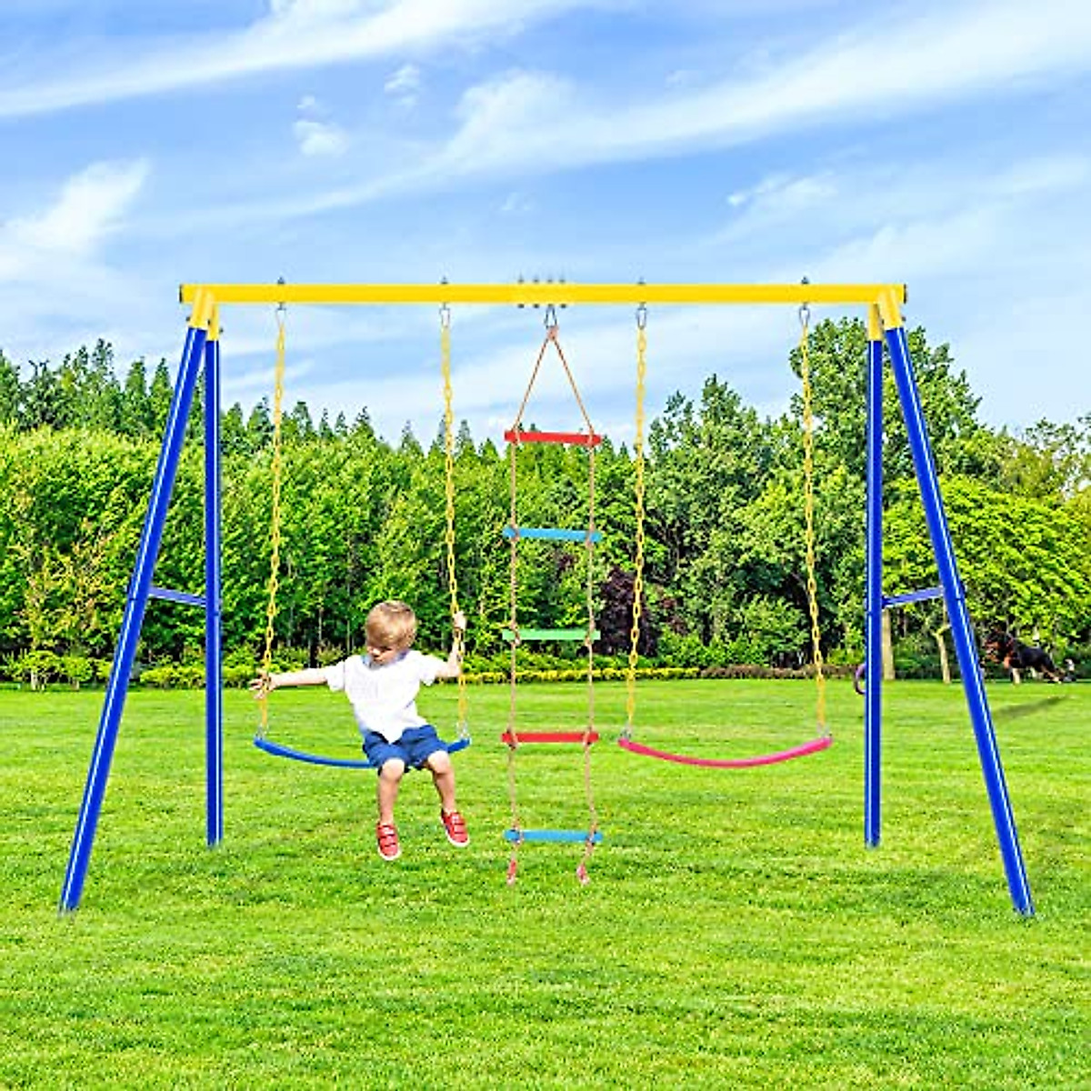 EMKK Outdoor Toddler Swing Set for Backyard, Playground Swing Sets with Climbing Ladder, Swing and Climbing Playset for Kids