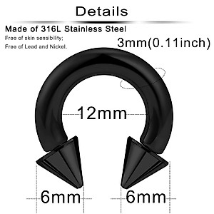 Ftovosyo PA Ring Internally Threaded Spike Circular Barbells Horseshoe Black Large Septum Ring Ear Gauges Earrings 8G 3mm 12mm 1/2" Surgical Steel Pierced Body Jewelry for Women Men