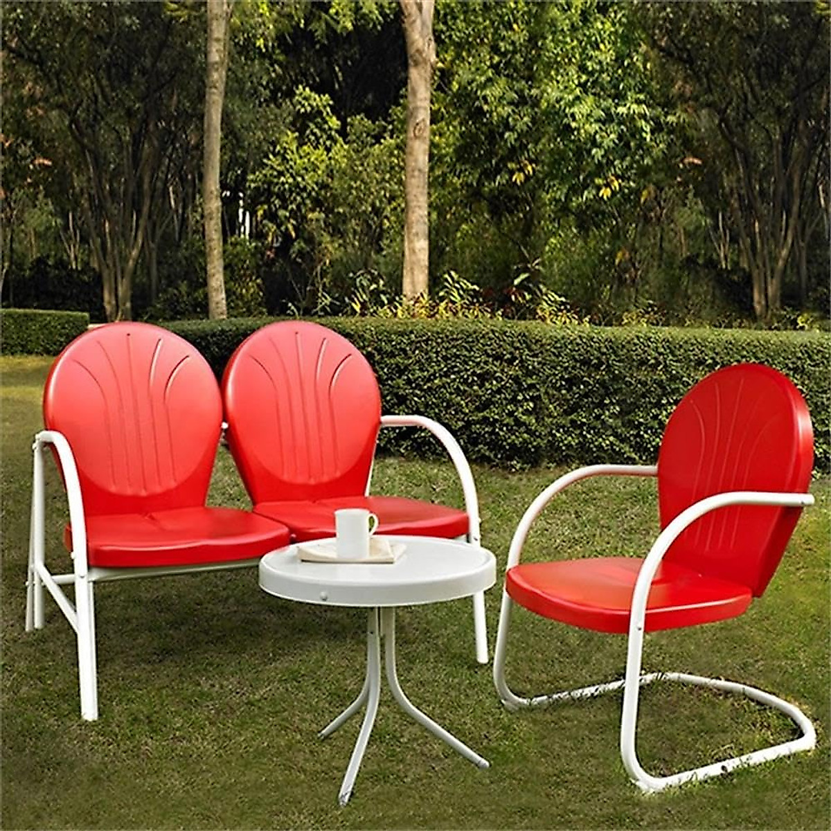 Crosley Furniture Griffith 3-Piece Retro Metal Outdoor Loveseat Patio Furniture Set for Porch, Deck, Balcony, Red