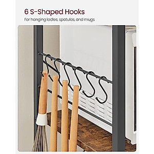 VASAGLE Baker's Rack, Microwave Stand, Kitchen Storage Rack with Wire Basket, 6 Hooks, and Shelves, for Spices, Pots, and Pans, Rustic Brown and Black UKKS35X