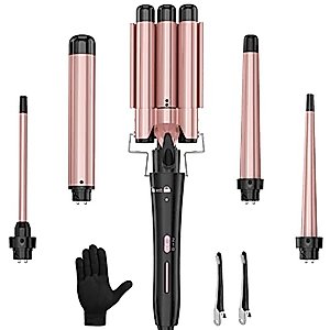 Curling Wand Set, Curling Iron Interchangeable 3 Barrel Curler with Ceramic Tourmaline Professional 5 in 1 Wand Curling Iron,for Women with Curler and Waver