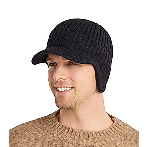 Koreshion Men's Winter Visor Beanie Hat with Earflaps Knit Baseball Cap with Brim Ski Hat Warm Fleece Lined Hunting Hat Black