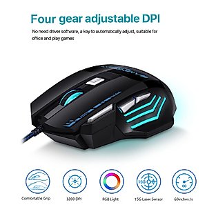 Bileeko Gaming Mouse Wired Mouse USB Optical Mouse 3200 DPI Adjustable Comfort Grip Ergonomic Mice RGB Breathing Backlit 7 Buttons Fire Key for Windows, Mac OS, Linux, Laptop Computer PC Black