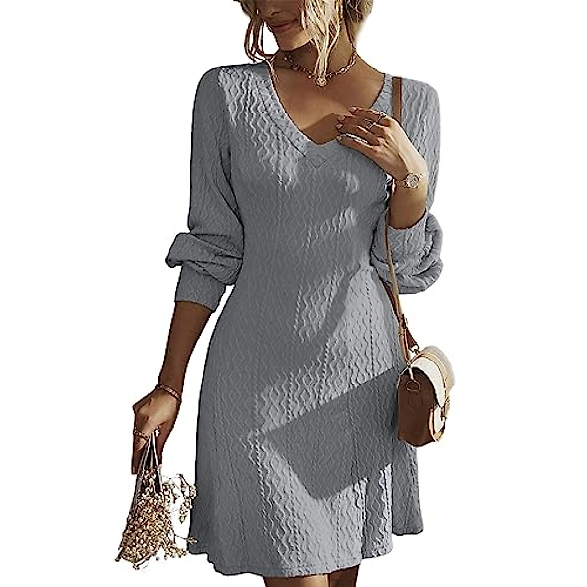 Dokotoo Womens Oversized Sweater Dress Elegant Trendy Casual Loose Long Sleeve Dresses V Neck Knit Ribbed A Line Fall Pullover Sweater Mini Dress 2023 Trendy Outfits Gray Medium
