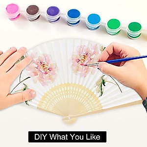 FEPITO 65 Pieces White Handheld Paper Fan Paper Folding Fans with Bamboos for Wedding Gift, Party, Home, DIY