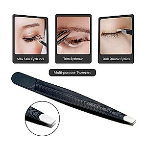 FITDON Eyebrow Grooming Set, Professional Slant Tip Tweezers & Curved Stainless Steel Scissors & 3PCS Brow Razors Trimmer & Duo Angled Eyebrow Brush with Spoolie black,sliver