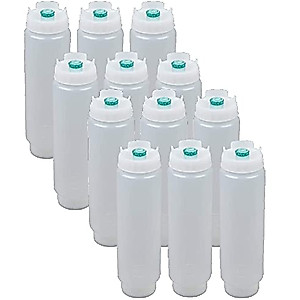 FIFO Squeeze Bottle Refillable 16 oz | Green Tip Small Valve Dispenser for Thin Condiments, Sauces, Batter and Dressing | Self Sealing No Drip No Hassle | (12 Pack)