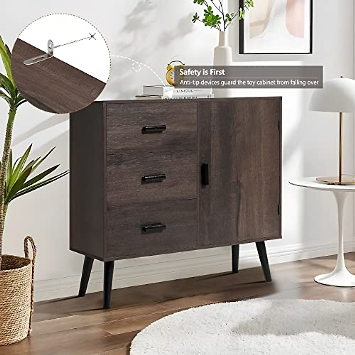 Iwell Storage Cabinet with 3 Drawers and Adjustable Shelf, Floor Storage Cabinet, Mid Century Cabinet for Living Room, Entryway, Office, Espresso