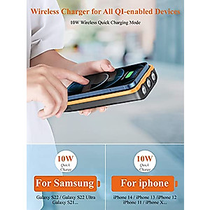 Solar-Charger-Power-Bank - Portable Charger,43800mAh Qc3.0 Fast Charging Qi 10W Wireless Portable Charger Built-in 2 Kinds Output Cable and 680Lumen Bright flashlights (Orange)