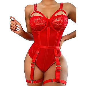Avidlove Womens Lingerie Sexy with Garter Belt Deep V Bodysuit for Women Teddy Lingerie Strappy Bra One Piece Lingerie(Red, Medium)