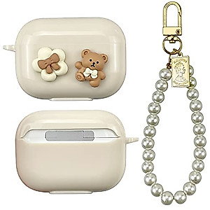 AIIEKZ Cute Kawaii AirPods Pro Case Cover, Lovely Flower Bear Design Smooth Soft Protective Cover for AirPod Pro Case with Pearl Chain for Girls Women (Airpods Pro)