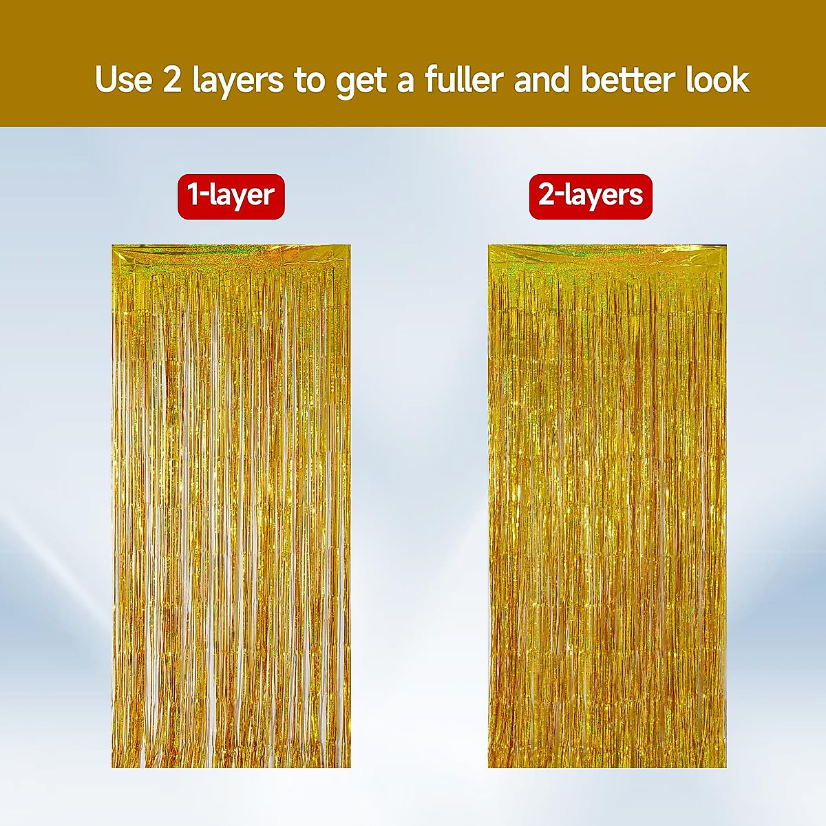 QRabbit 4 Pack Gold Party Streamers, Shiny Foil Fringe Curtain Backdrop for Birthday Wedding Bachelorette Baby Shower Bridal Shower Christmas Party Decorations (3.3 x 6.6 ft)