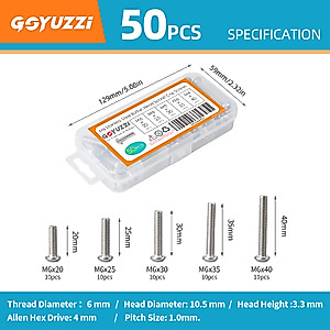 M6 x 20mm 25mm 30mm 35mm 40mm Button Head Socket Cap Screws Bolts, 304 Stainless Steel, Bright Finish, Metric Allen Hex Drive, Fully Threaded, 50PCS