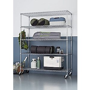 TRINITY EcoStorage Heavy Duty 5-Tier Adjustable Wire Shelving with Wheels for Kitchen Organization, Garage Storage, Laundry Room, NSF Certified, 800 to 4000 Pound Capacity, Chrome, 60 by 24 by 72-Inch